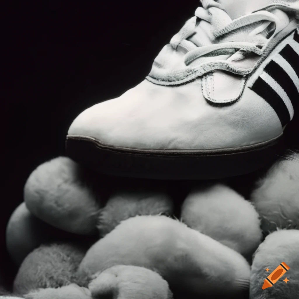 Close-up of worn-out adidas samba on discarded soft toy