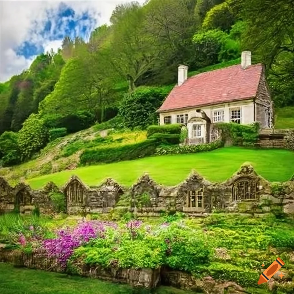 Scenic view of a country house with a beautiful garden on Craiyon