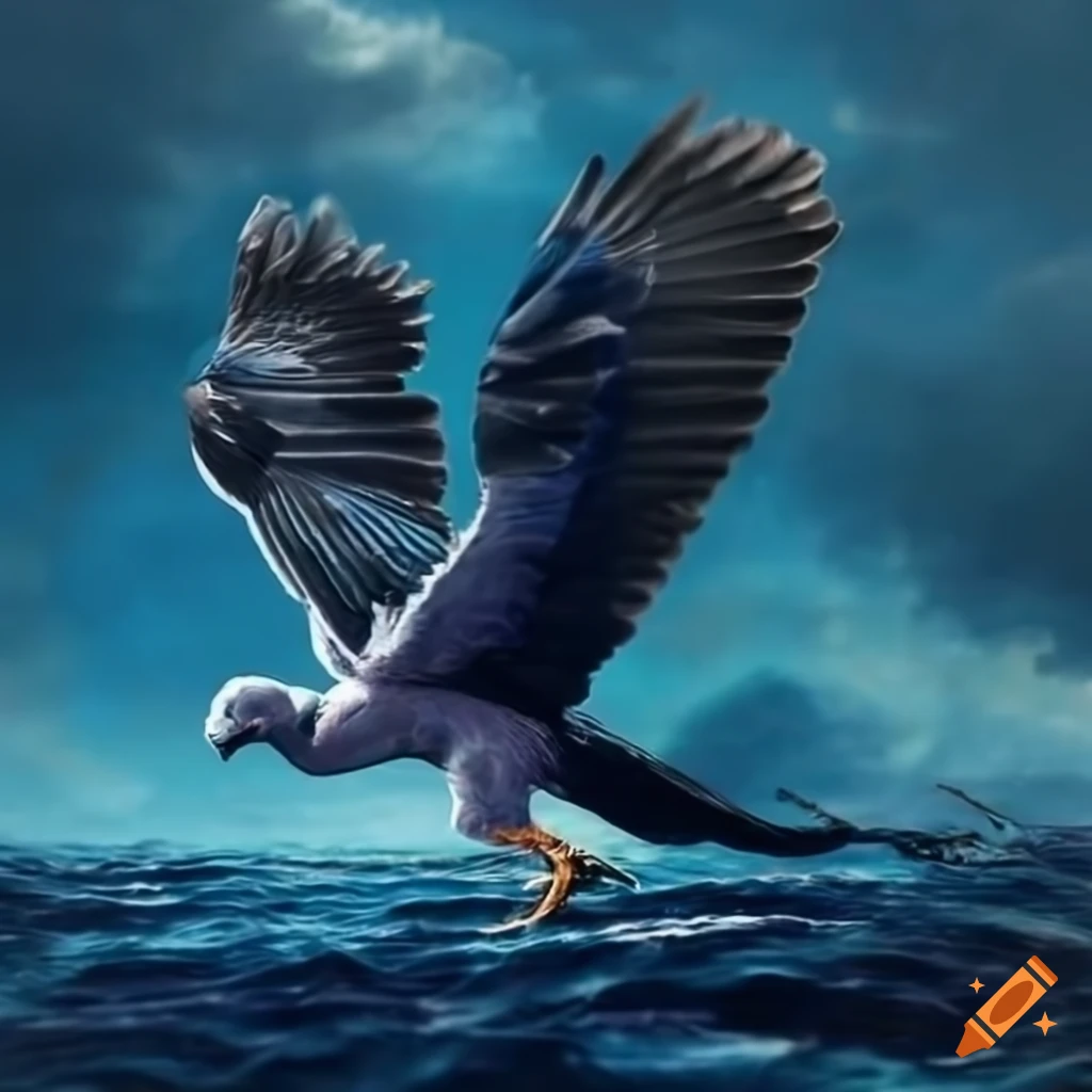 Dark blue harpy flying over the stormy ocean