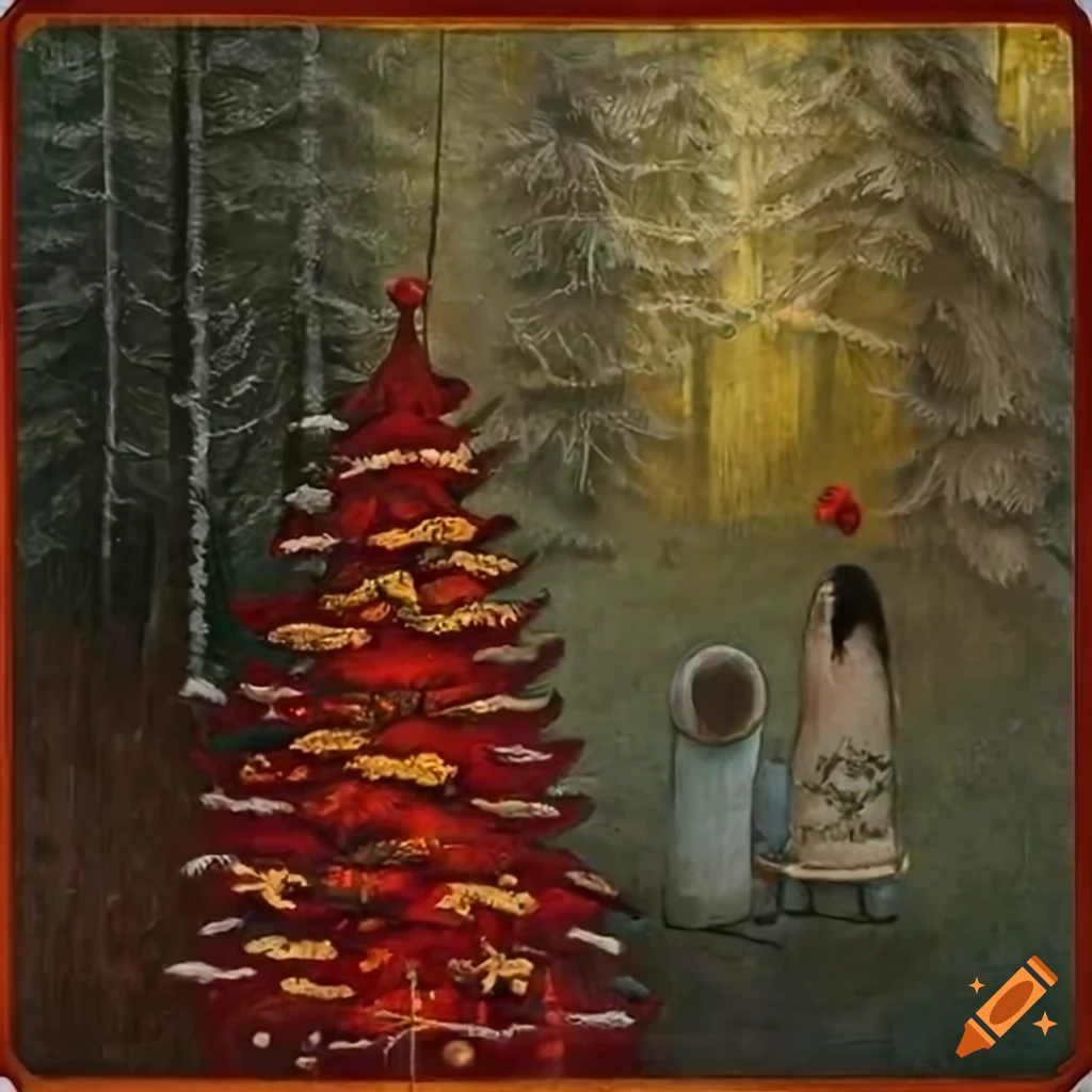 Detailed oil painting of a festive Christmas forest scene on Craiyon