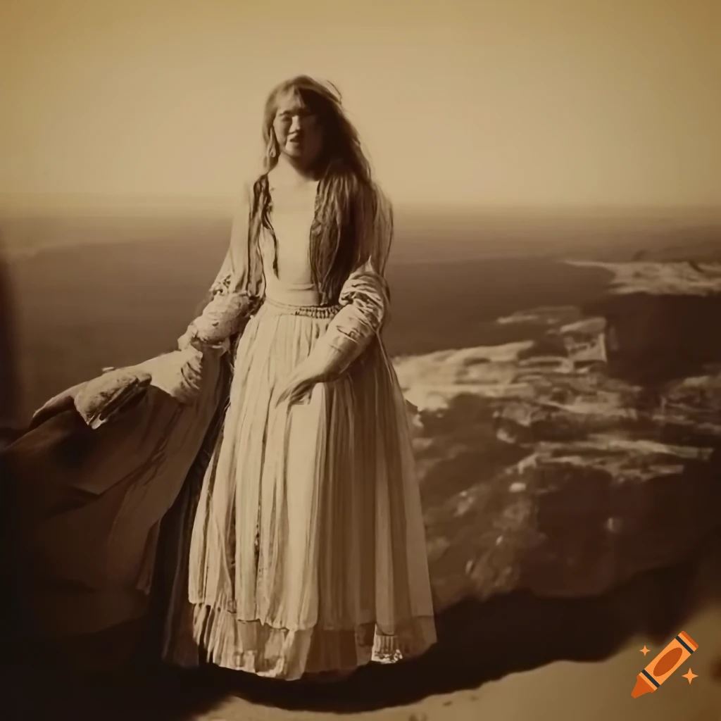 Vintage photograph of a prairie woman overlooking a western town on Craiyon