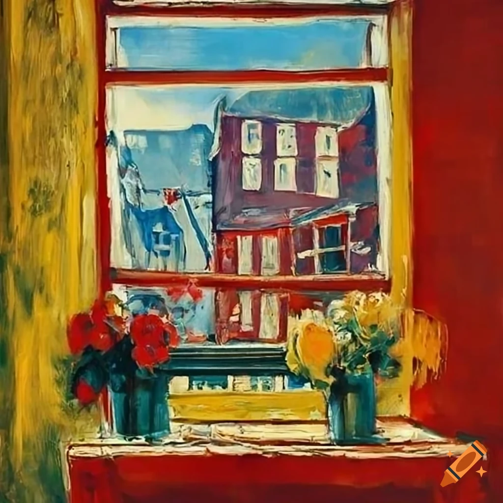 Window view of a norwegian town with colorful flowers on Craiyon