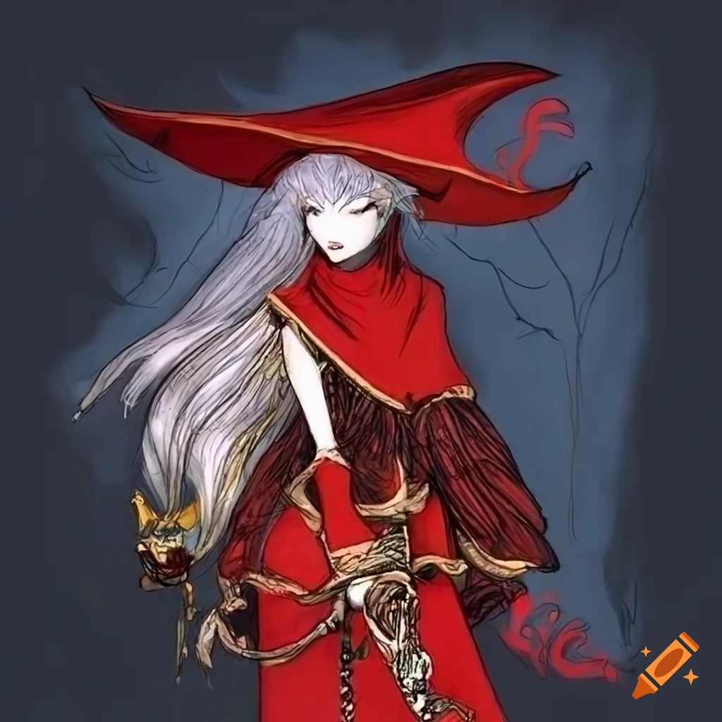 Fan art of a grey wolf in red mage costume on Craiyon