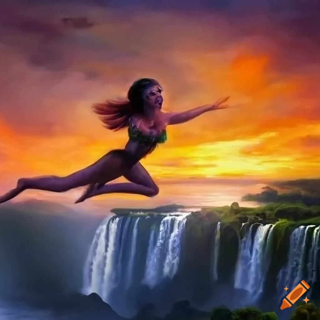 Oil painting of a winged elf jumping from a waterfall