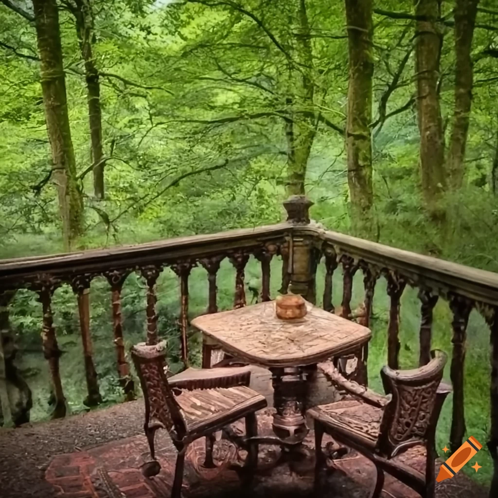 Balcony view of a Victorian manor house overlooking English woods on ...