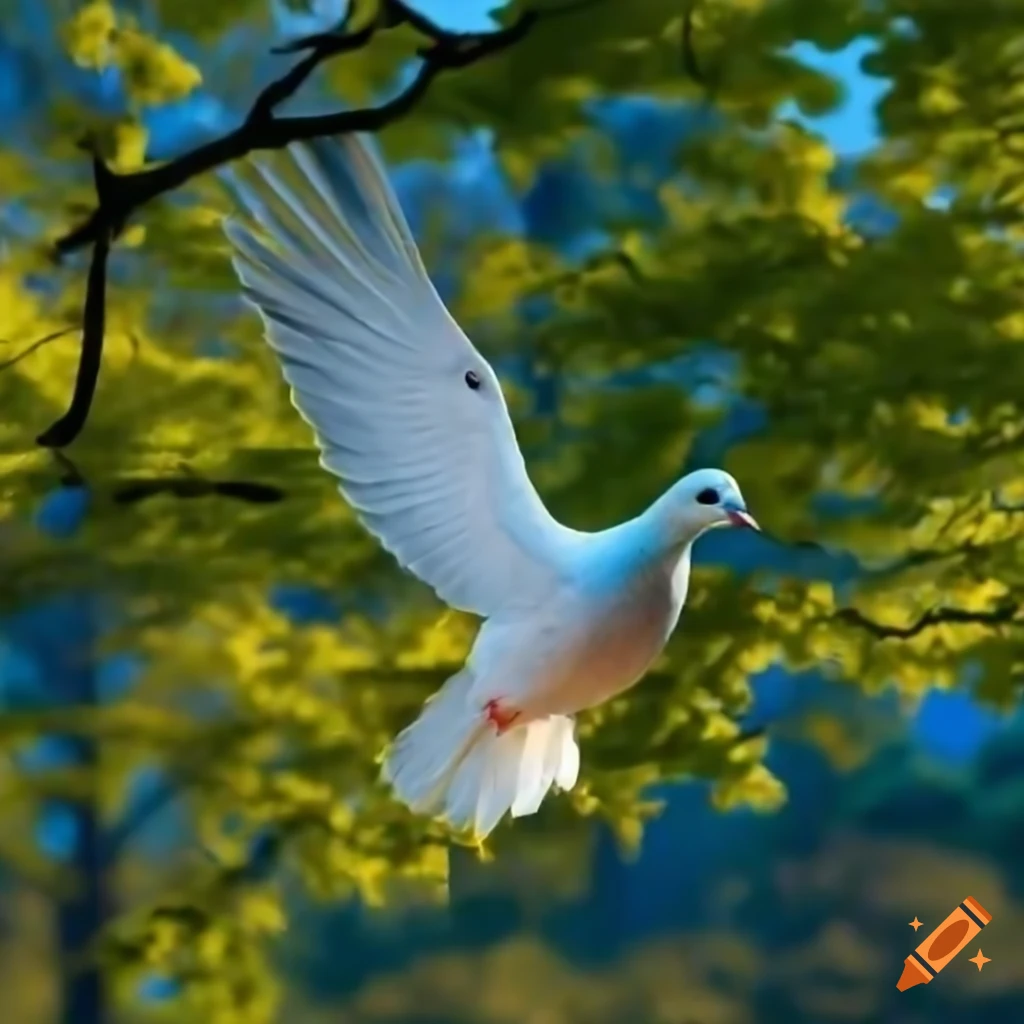 Dove flying through a forest on Craiyon