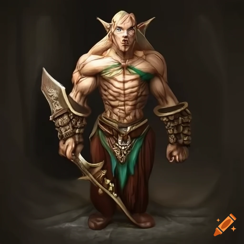 Muscular male half-elf with one eye on Craiyon