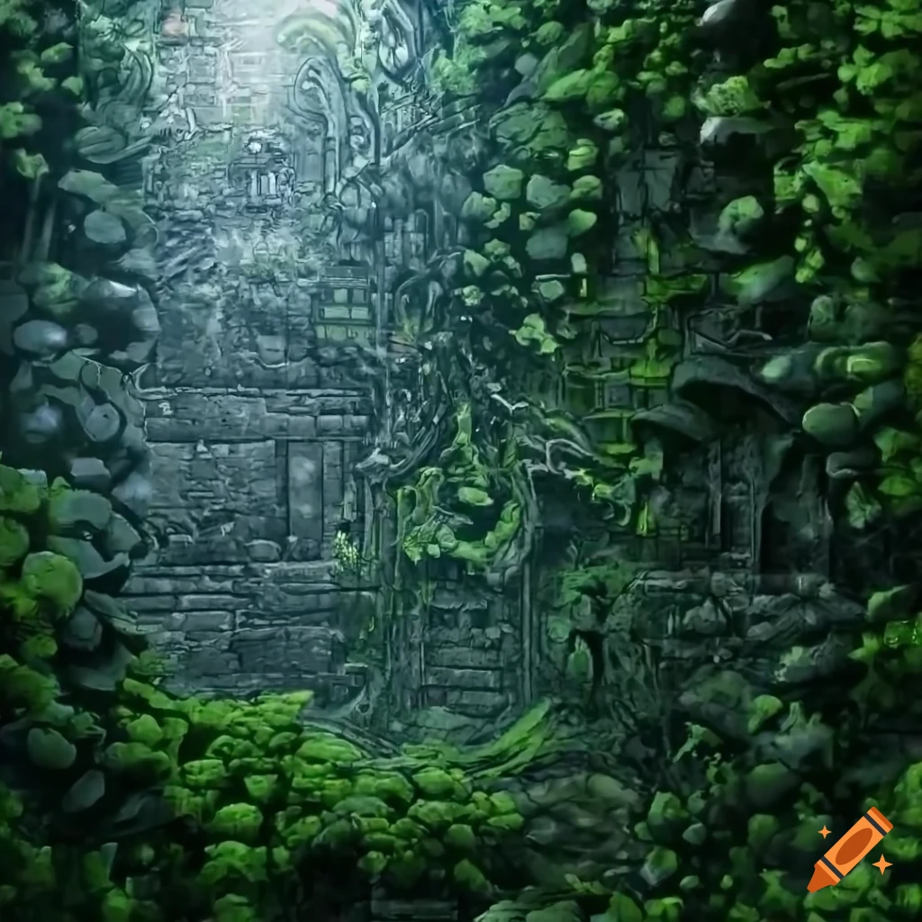Artistic depiction of a wet and overgrown alien in ruins on Craiyon