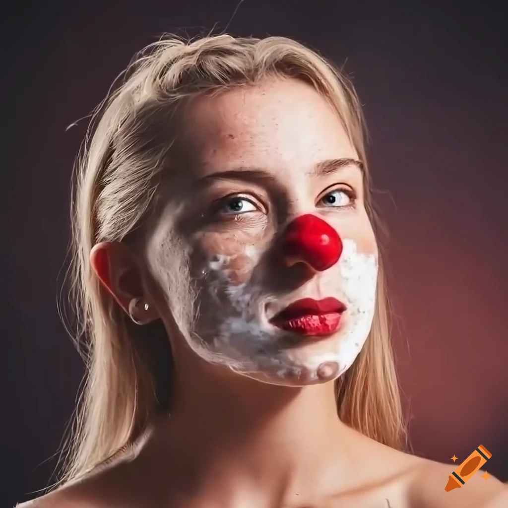 Woman with clown nose and shaving foam at the circus on Craiyon