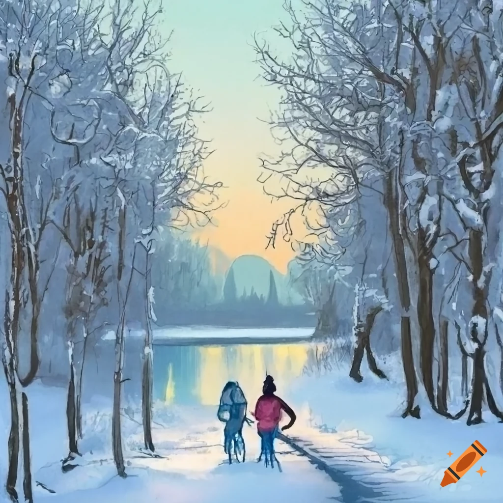 Colorful winter scene with a frosty path and a family walking on Craiyon