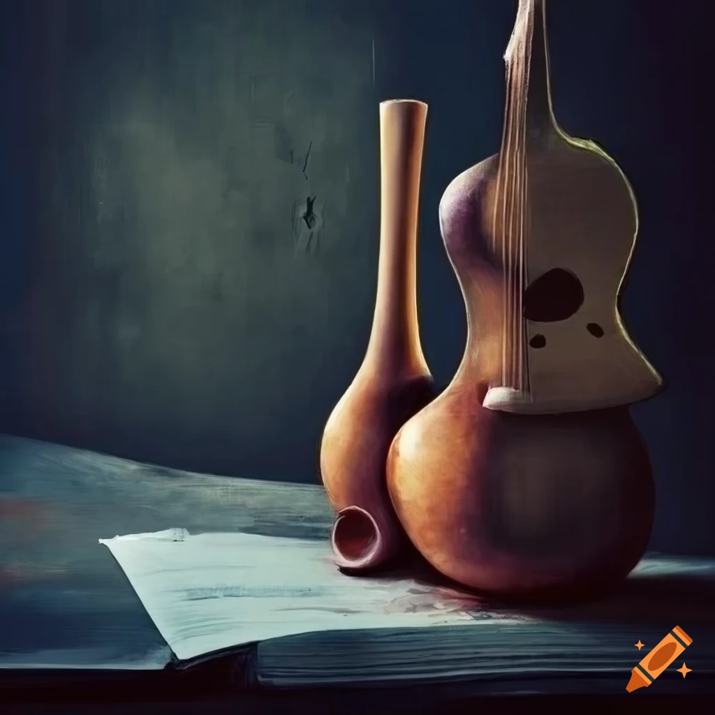 Cubist still life with musical instruments and fruit on Craiyon