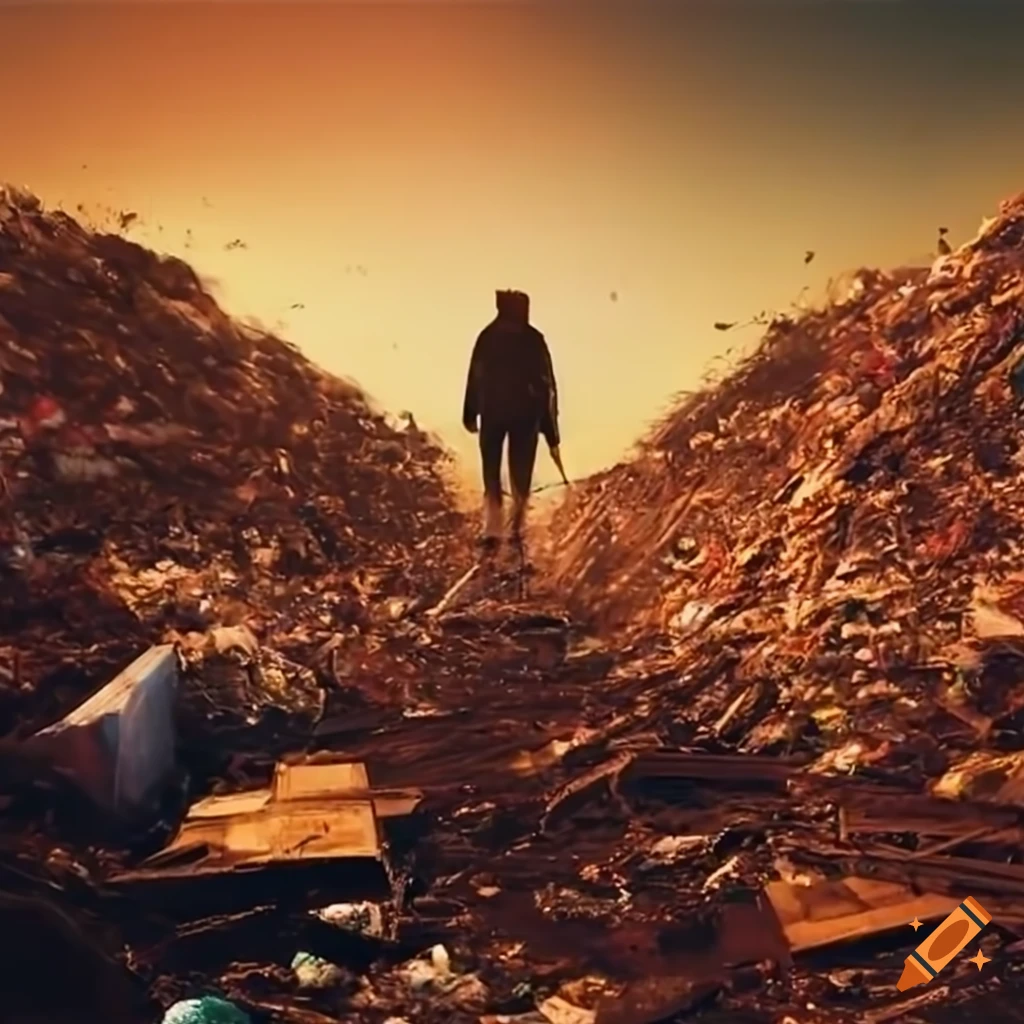 Person trapped in junk garbage web in a dramatic destroyed landscape on ...