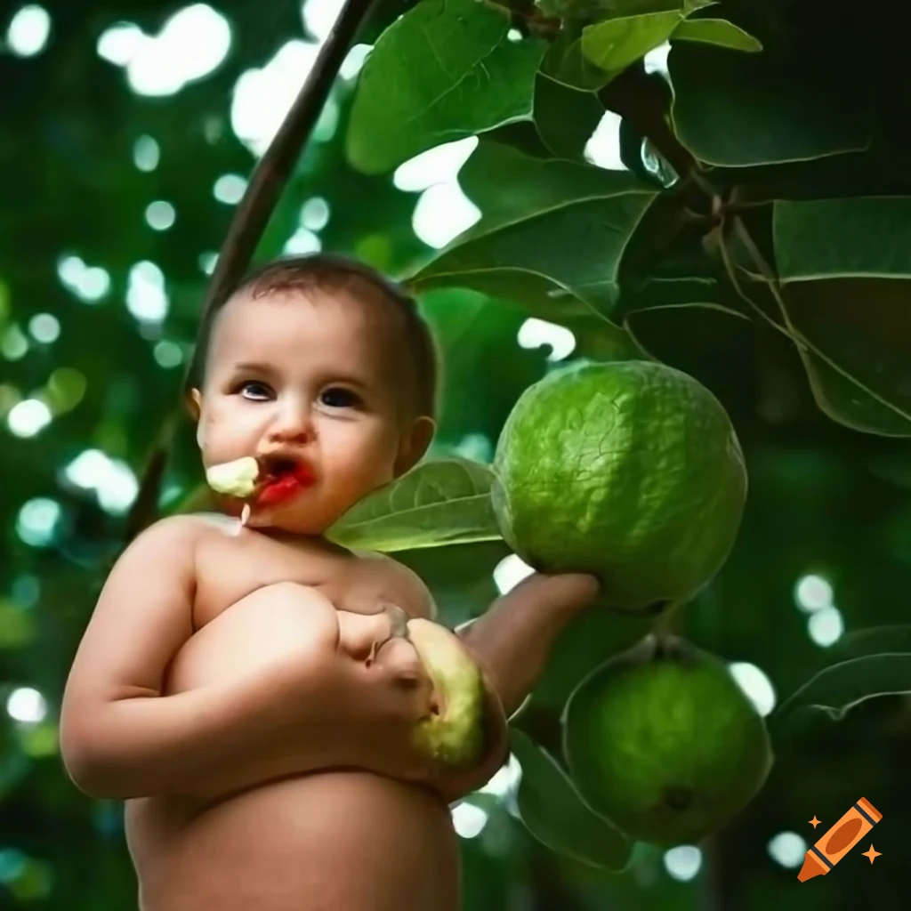 Baby enjoying a freshly picked guava on Craiyon