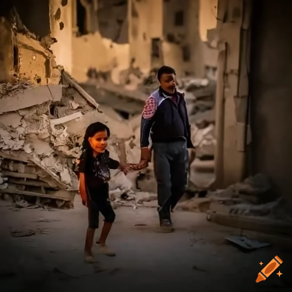 Image of a palestinian father and daughter in the ruins of gaza on Craiyon