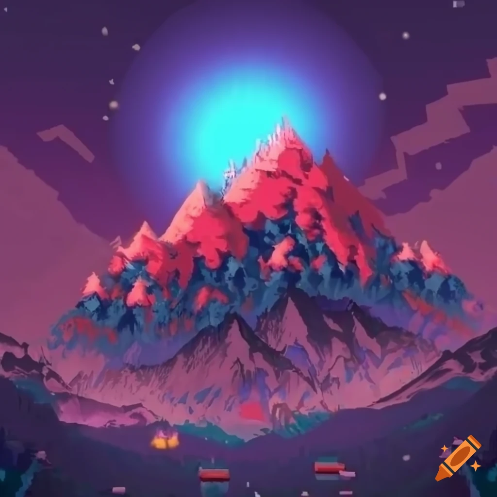 8-bit style mountains filled with magical energy on Craiyon