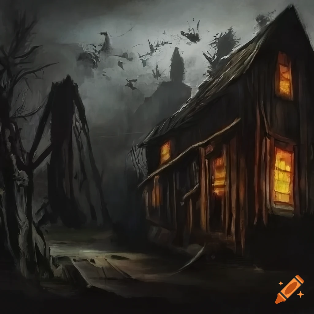 Dark painting of a farmhouse in a landscape on Craiyon