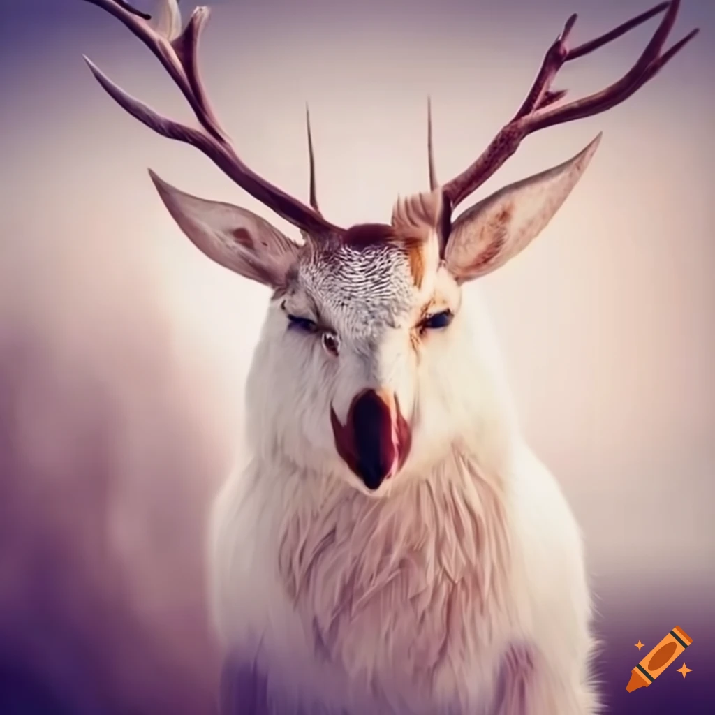 Fluffy white elk with wings and owl face on Craiyon
