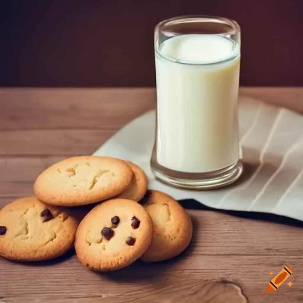 Vintage photo of milk and cookies on a wooden table on Craiyon