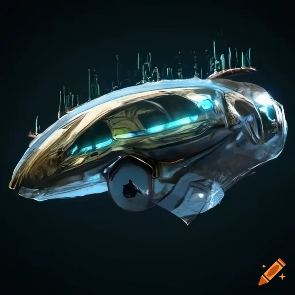 Futuristic chrome vehicle floating in a forest on Craiyon