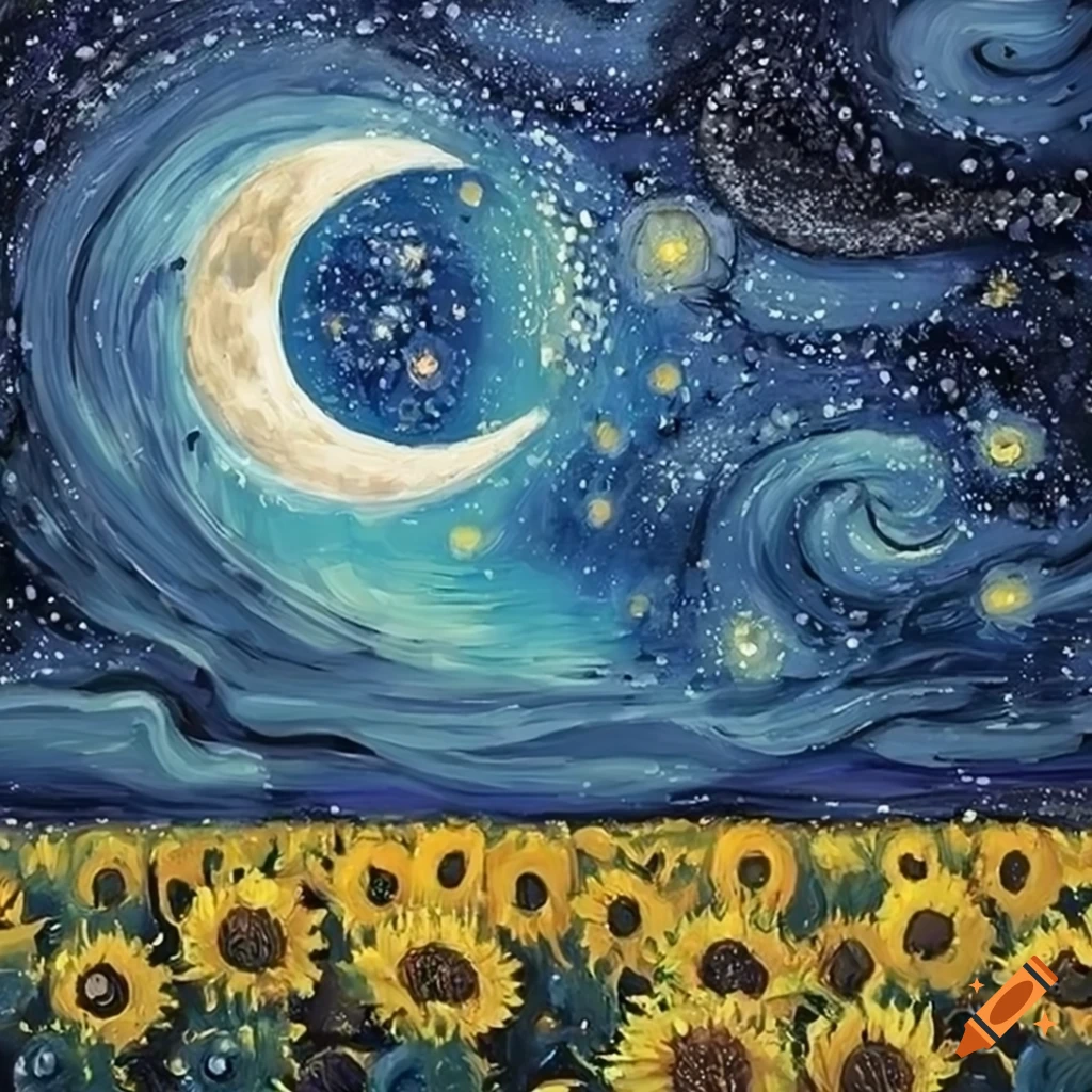 Painting of a crescent moon and sunflower in a starry night