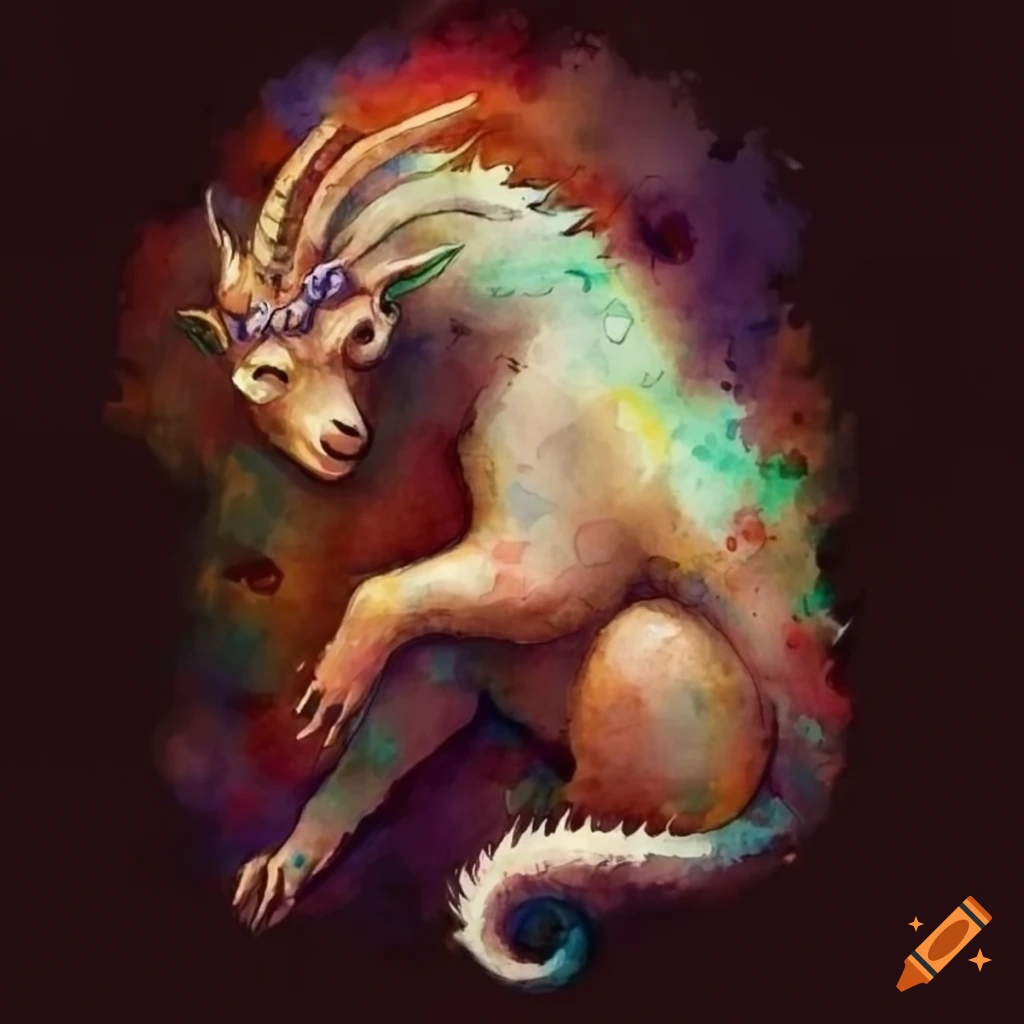 Watercolor of a clock-goat mythical creature