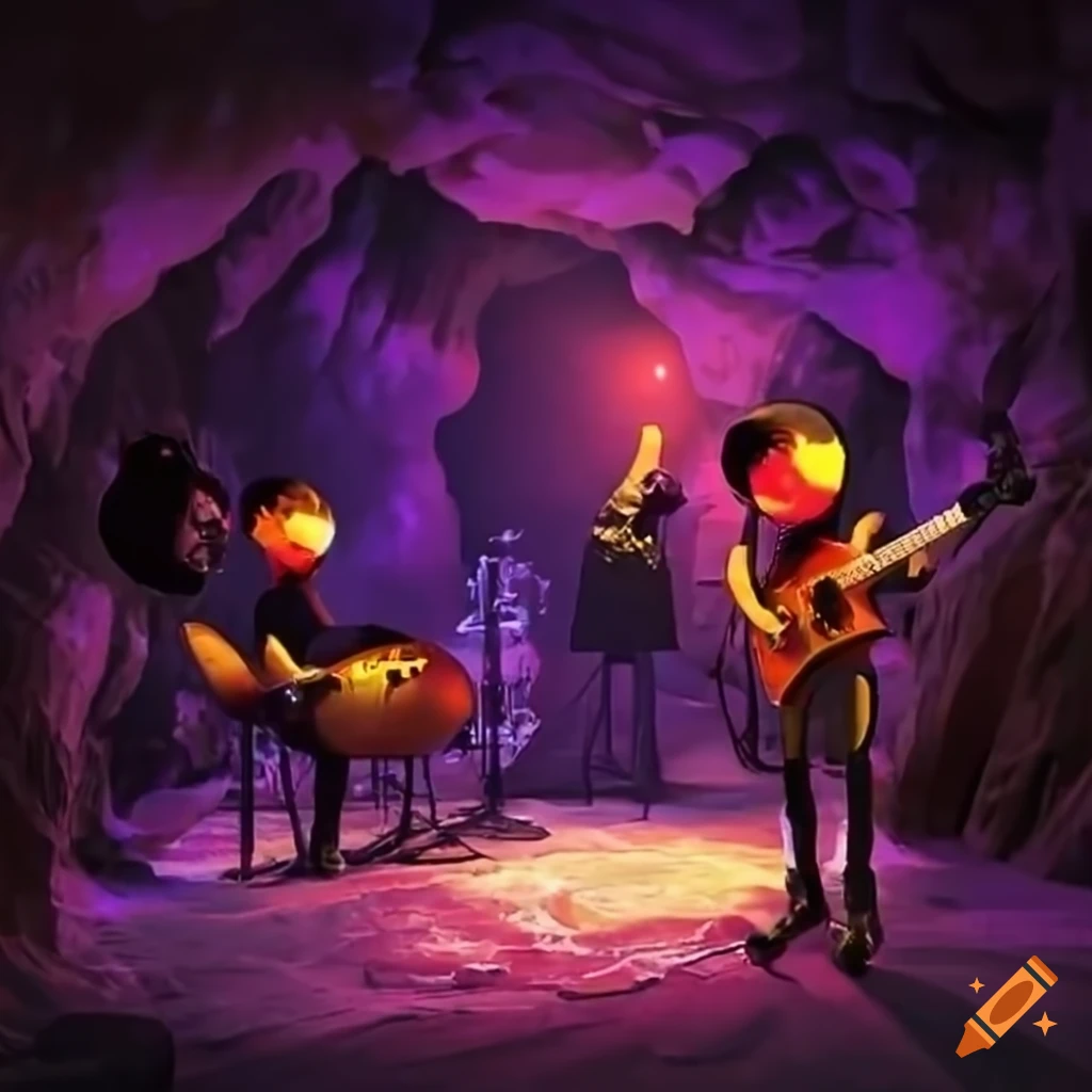 Rock band playing music in a magical cave on Craiyon