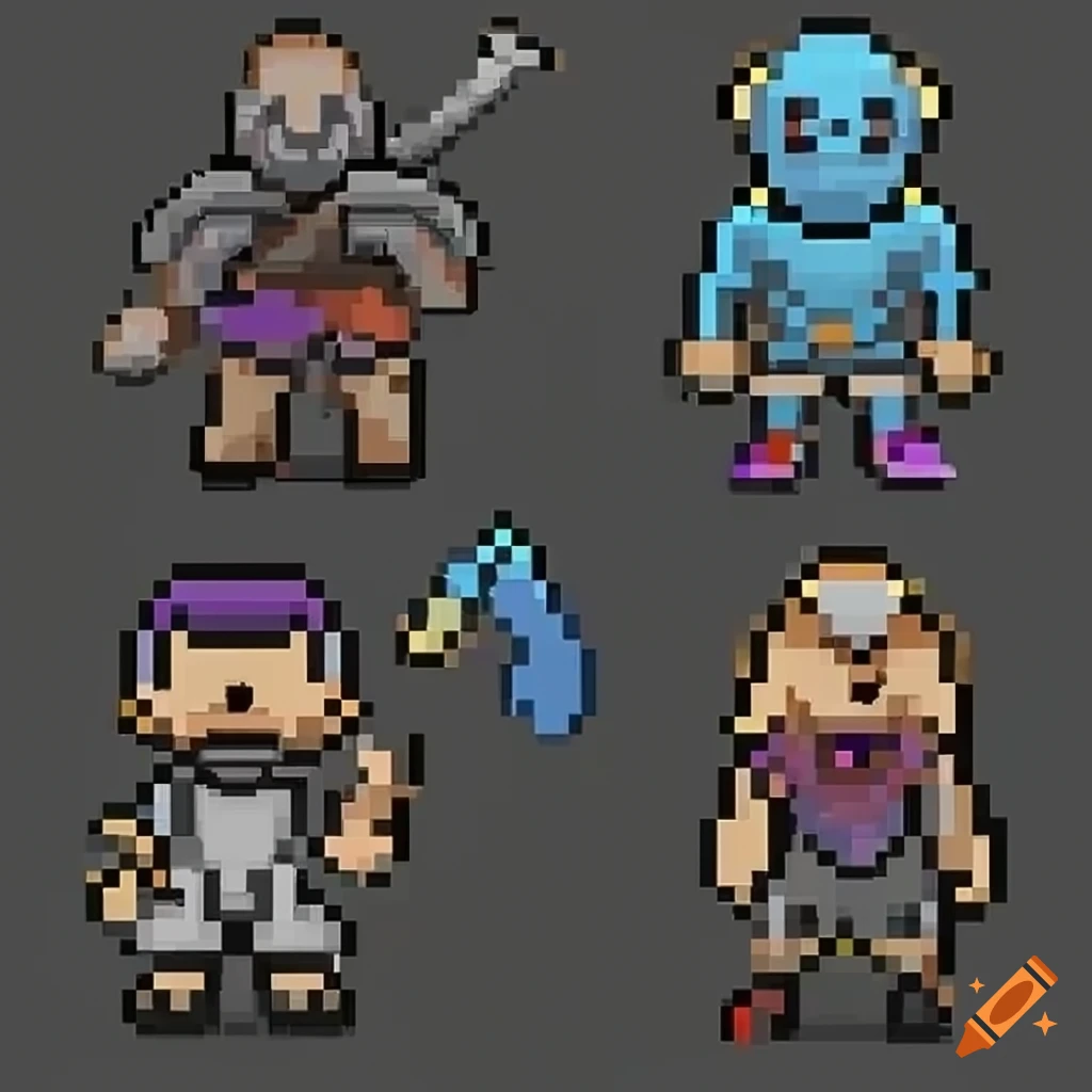 Pixel art of 5 enemy characters facing forward