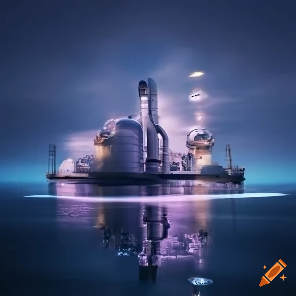 Futuristic oil rig in the midst of a stormy ocean on Craiyon