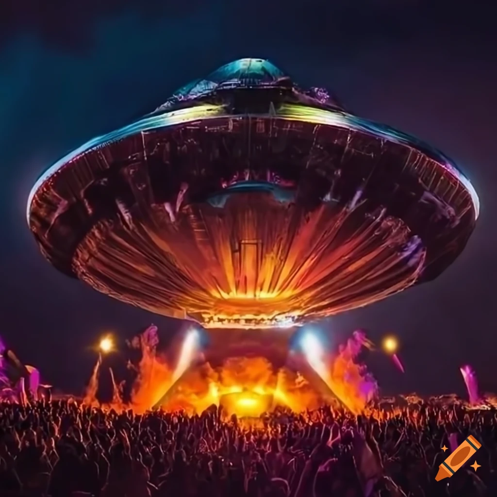 Aerial shot of a UFO-inspired stage at a music festival on Craiyon