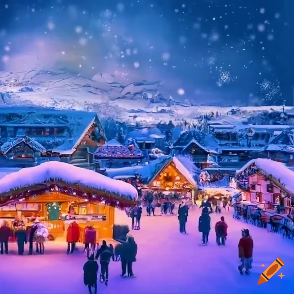 Snow-covered village with christmas market on Craiyon