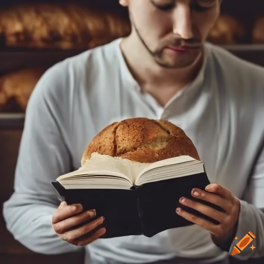 Man reading a book made of bread on Craiyon