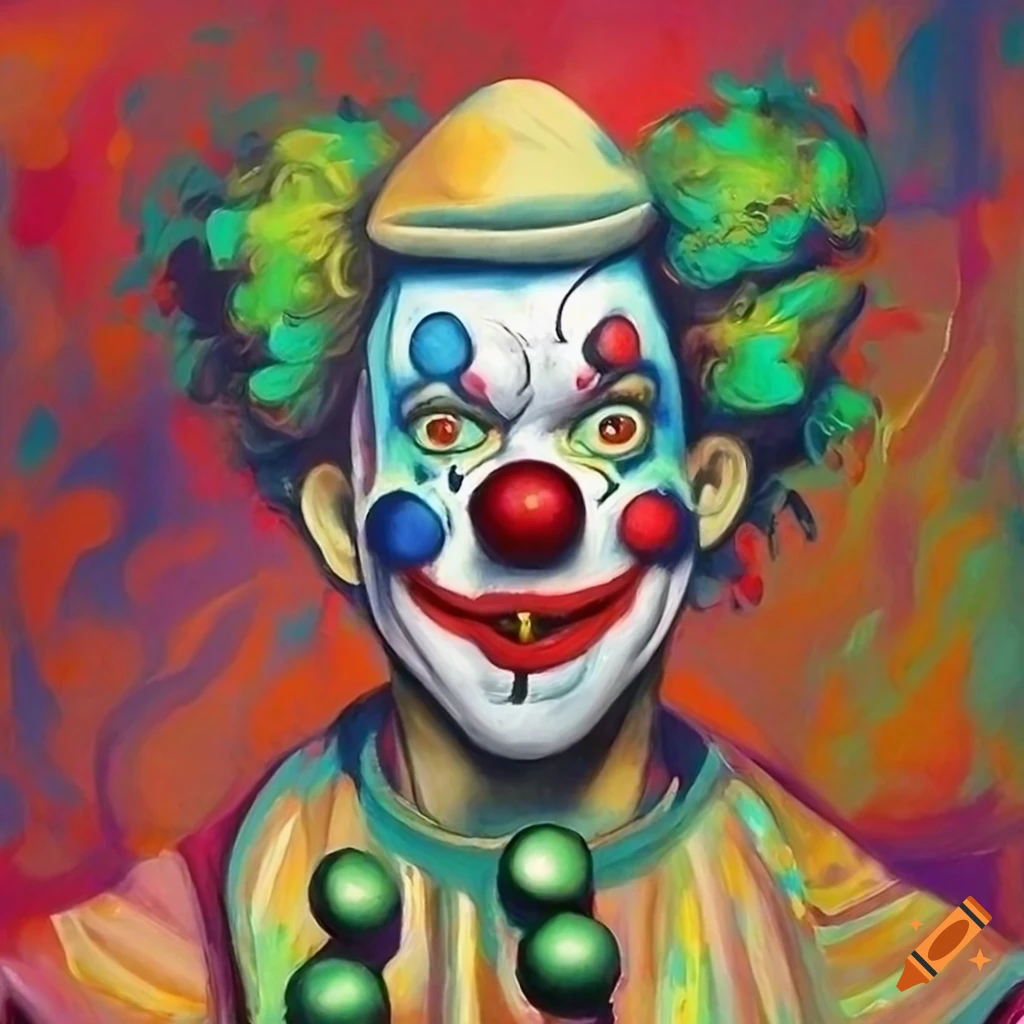 Surrealistic painting of a morbid circus clown with various objects on ...