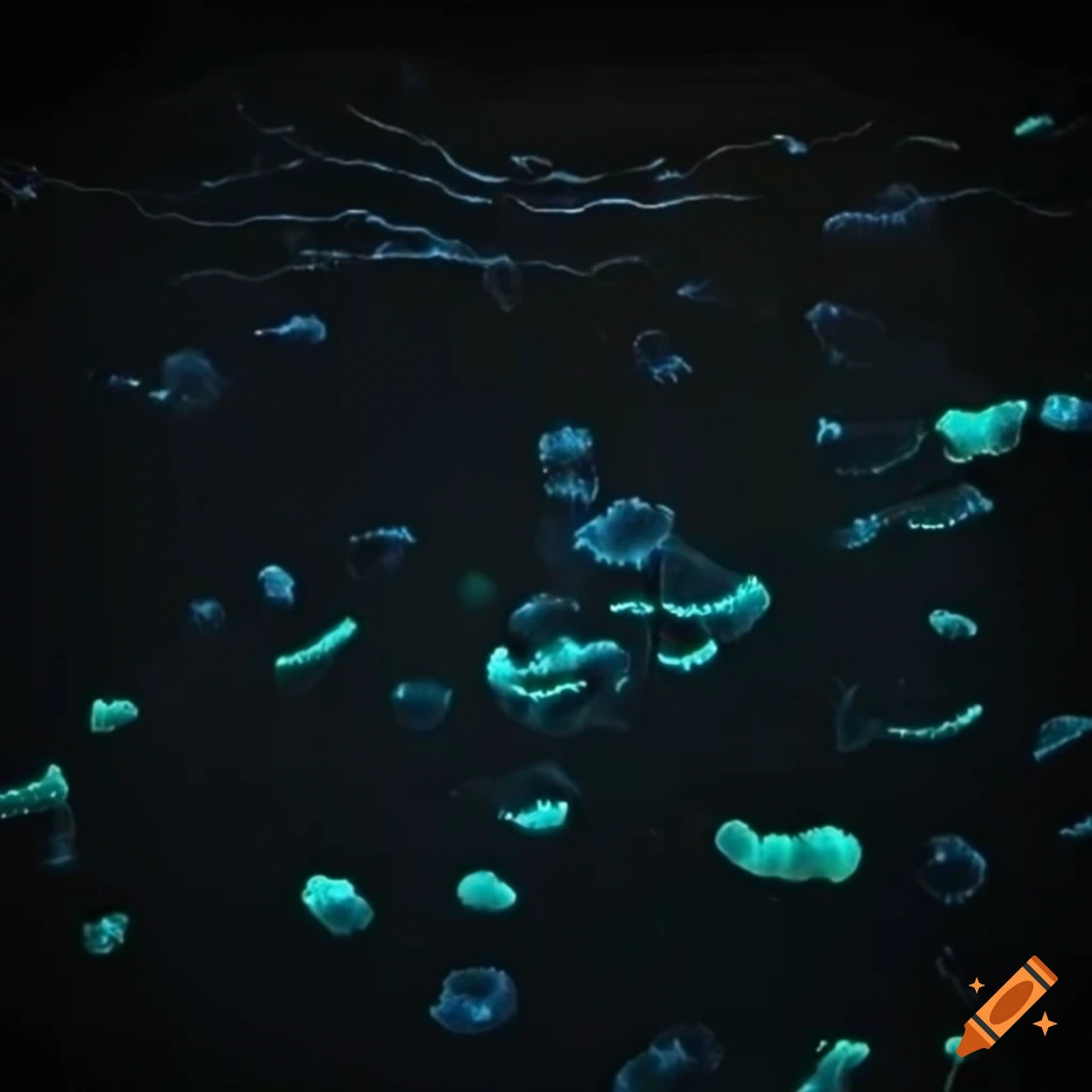 Image of bioluminescent jellyfish in the dark on Craiyon