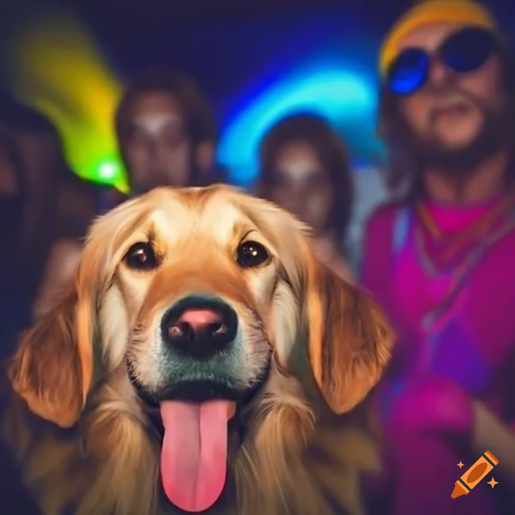 Golden retriever at a rave party on Craiyon