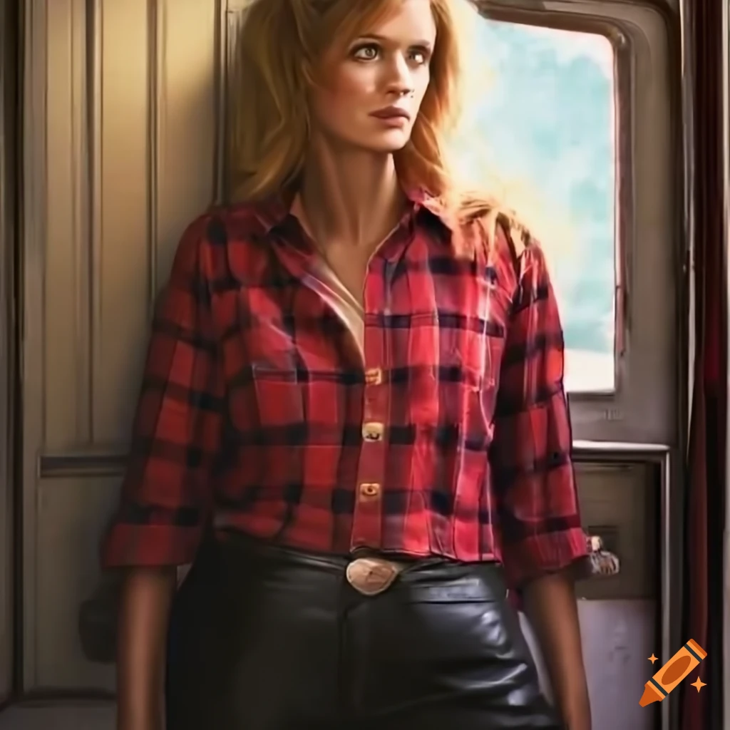 Two people in country plaid shirt and high-waist black leather trousers standing relaxed ...