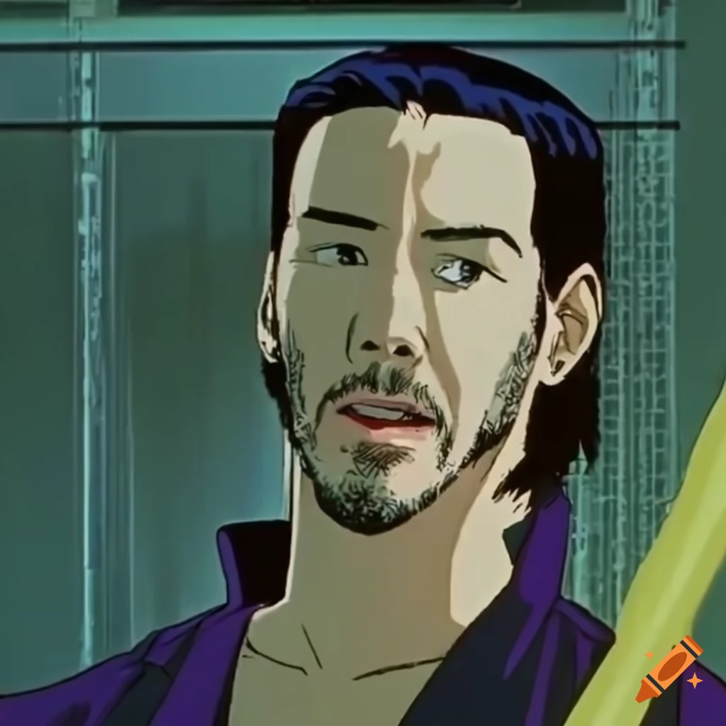 Keanu reeves as neo from the matrix in an 80s-90s anime on Craiyon