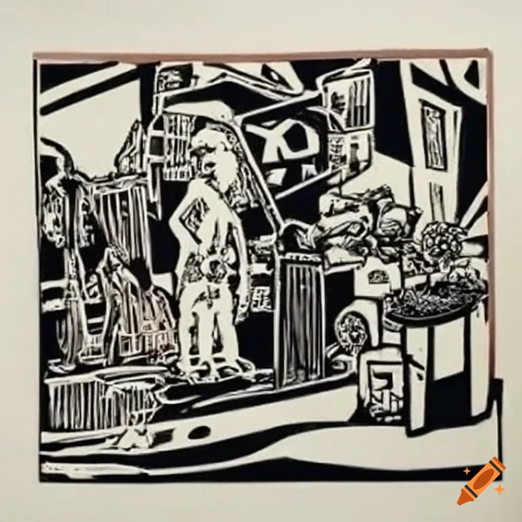 Lino cut artwork depicting chaotic scene with umbrellas and confusion ...