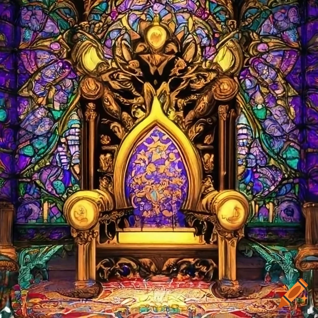 Stained glass throne room with a king on the throne on Craiyon