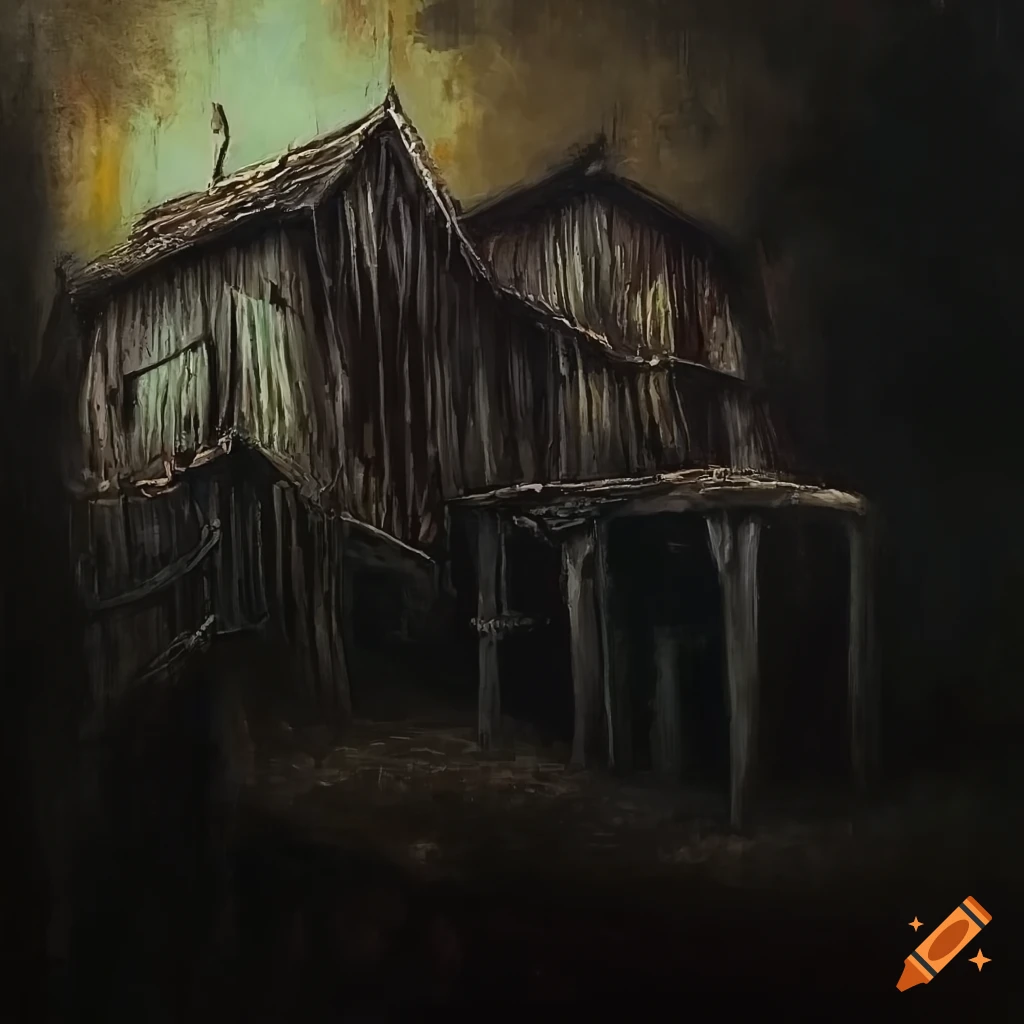 Dark oil painting of a farmhouse in a terrifying landscape on Craiyon