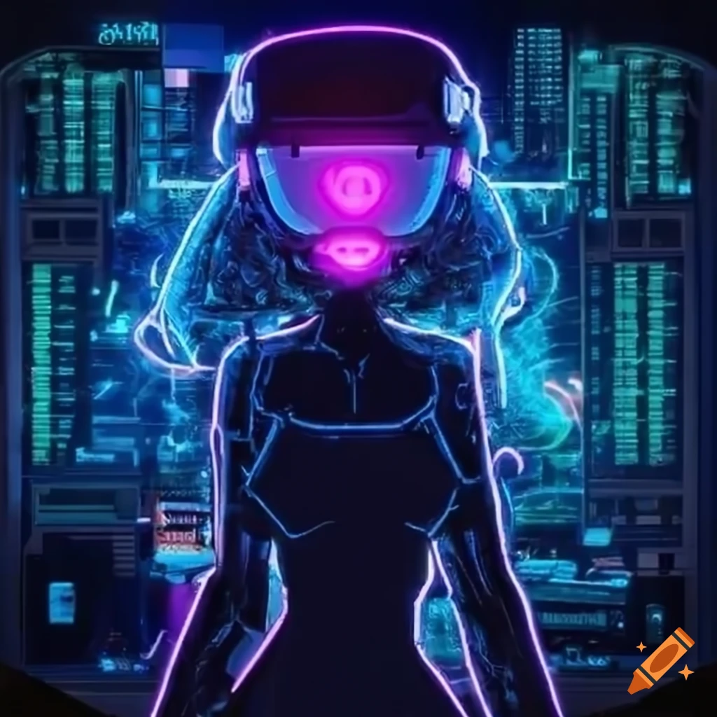 Cyberpunk netrunner wearing VR goggles and neon lights on Craiyon