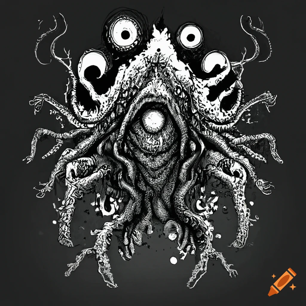 Ink drawing of a horde of gothic Lovecraft monsters on Craiyon