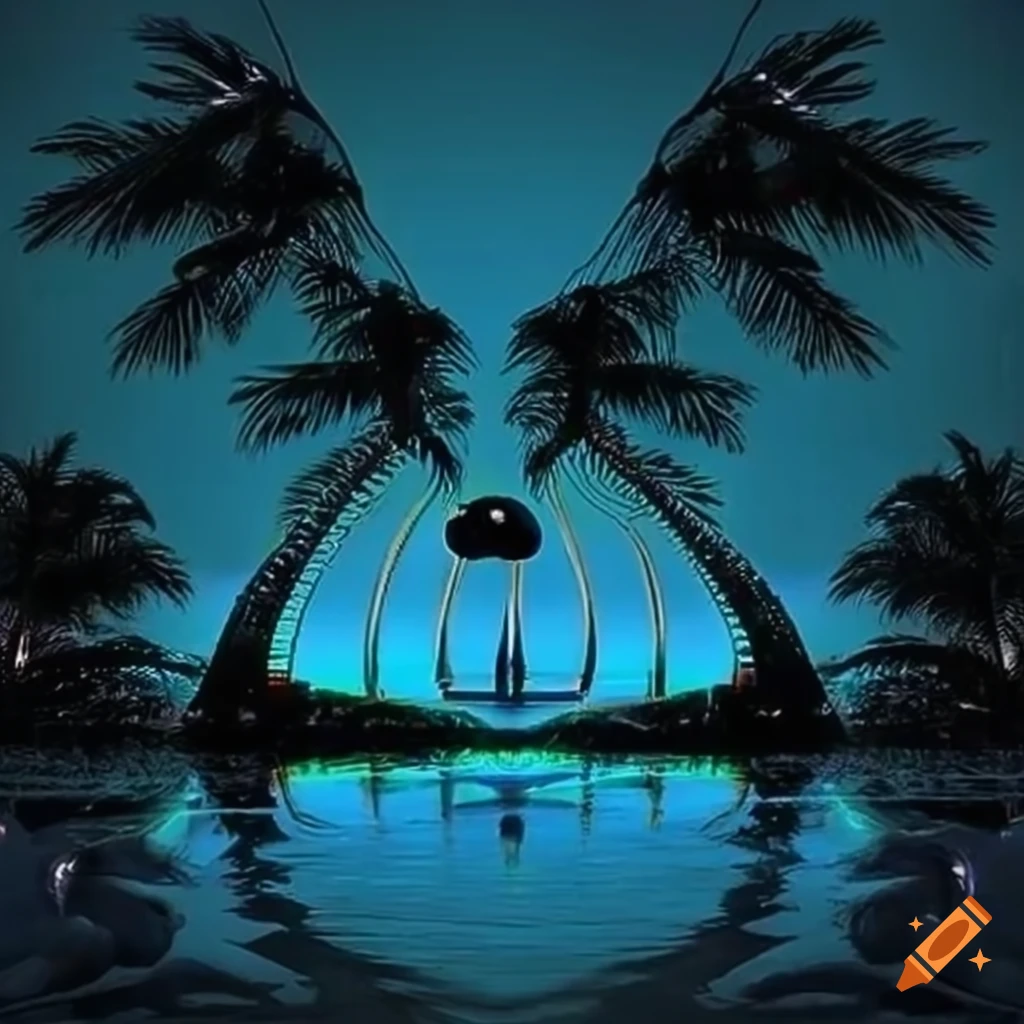 Neon lights and palm trees in miami florida with a green sunset on Craiyon