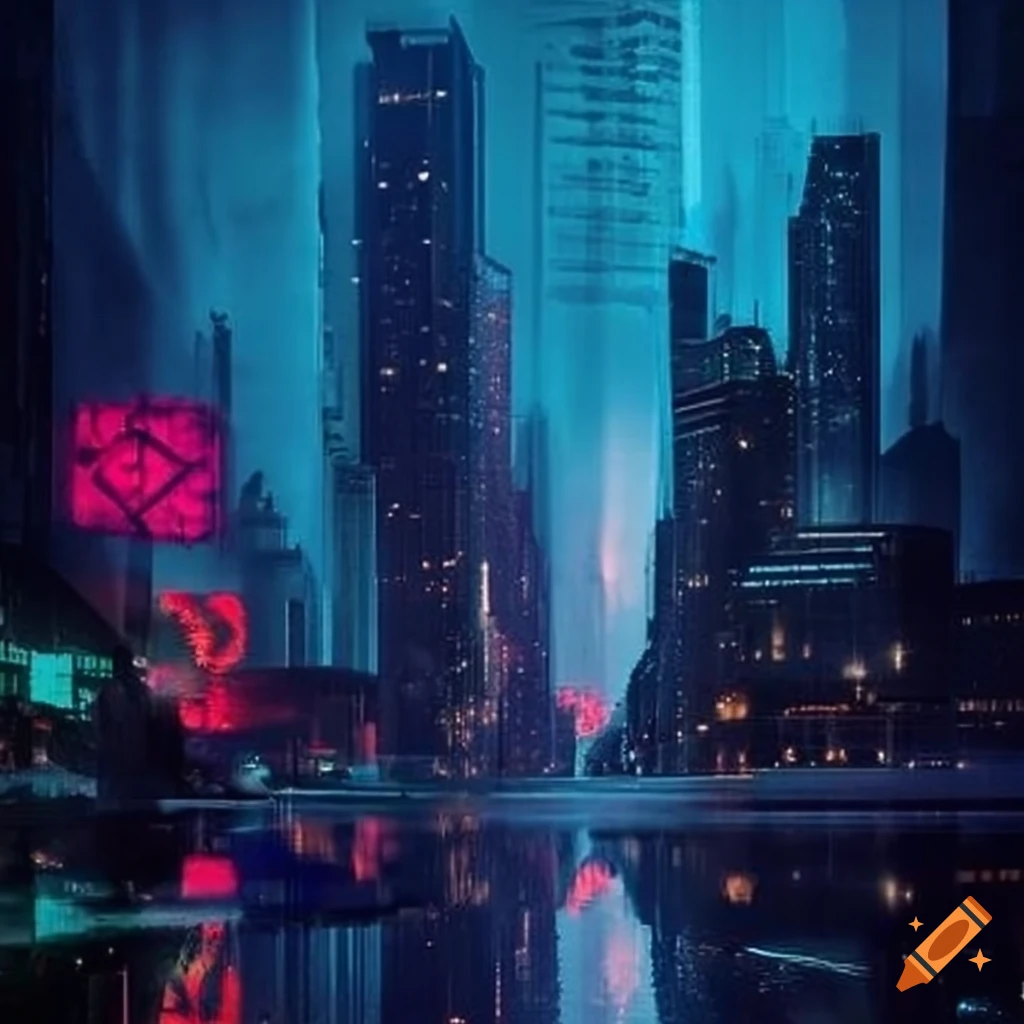 City skyline with neon lights and rain on Craiyon