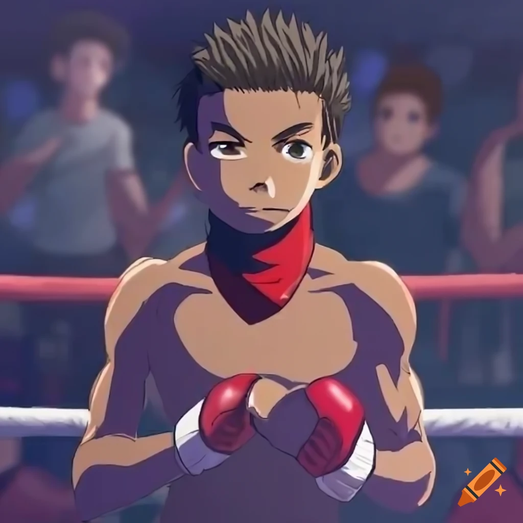 Anime boxer boy in a boxing ring stadium