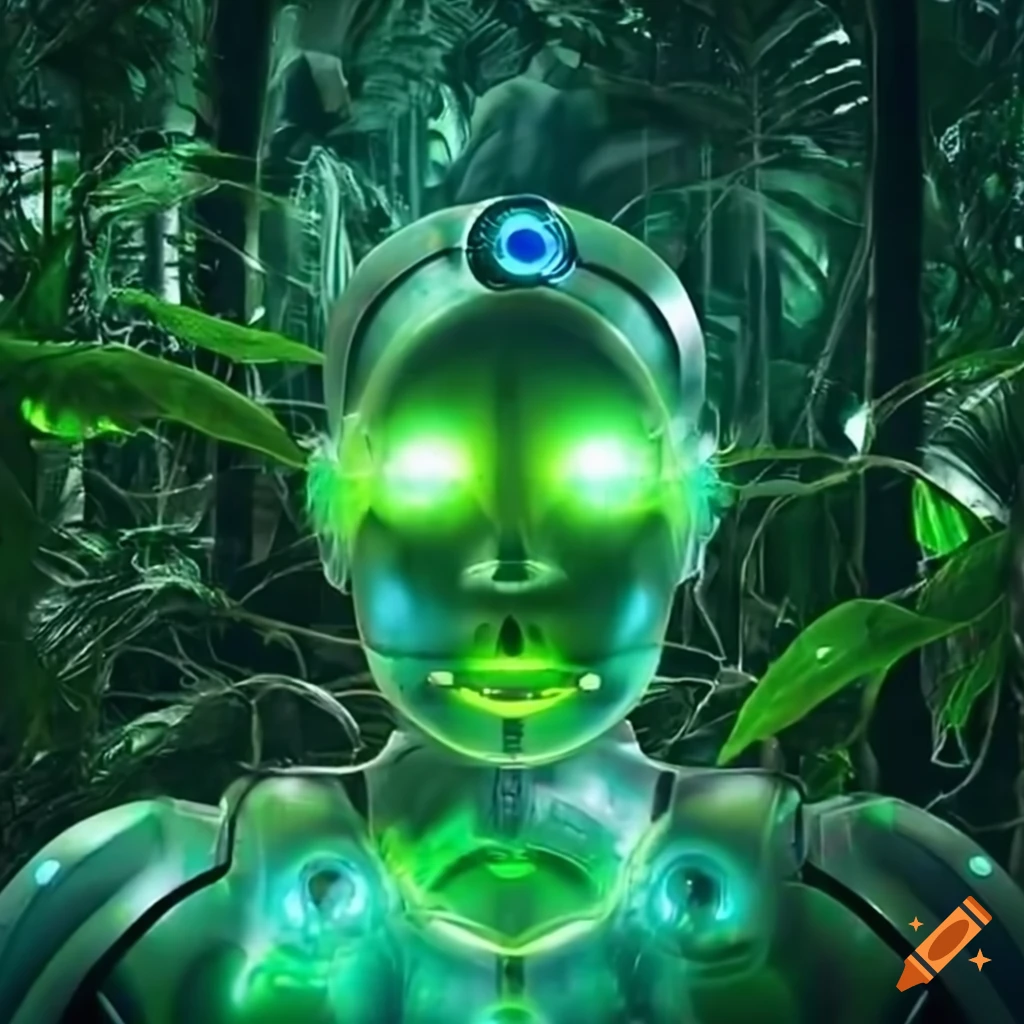 Robot with green laser eyes in a tropical forest on Craiyon