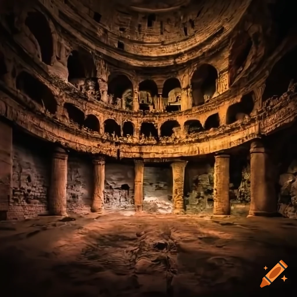 Dramatic photo of a roman amphitheater inside a cave on Craiyon