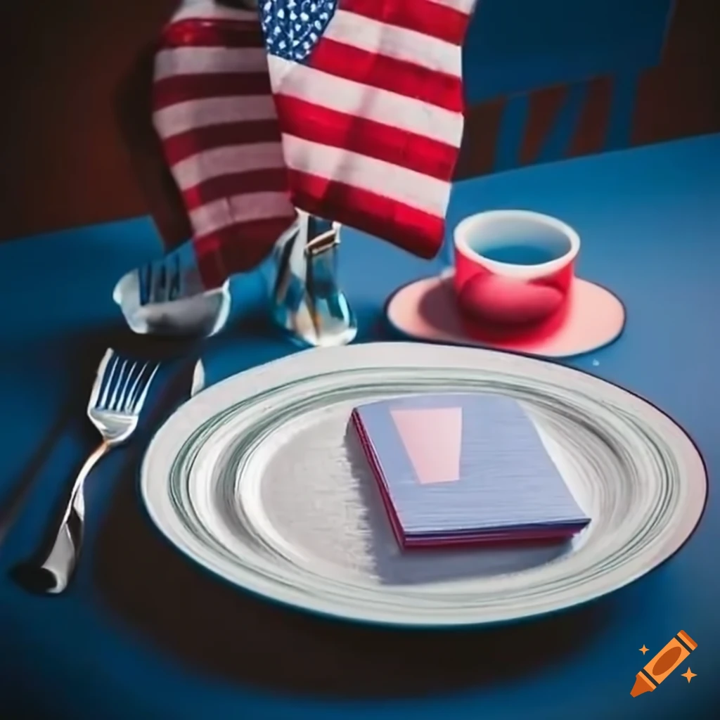 Table setting with a book featuring the american flag on Craiyon