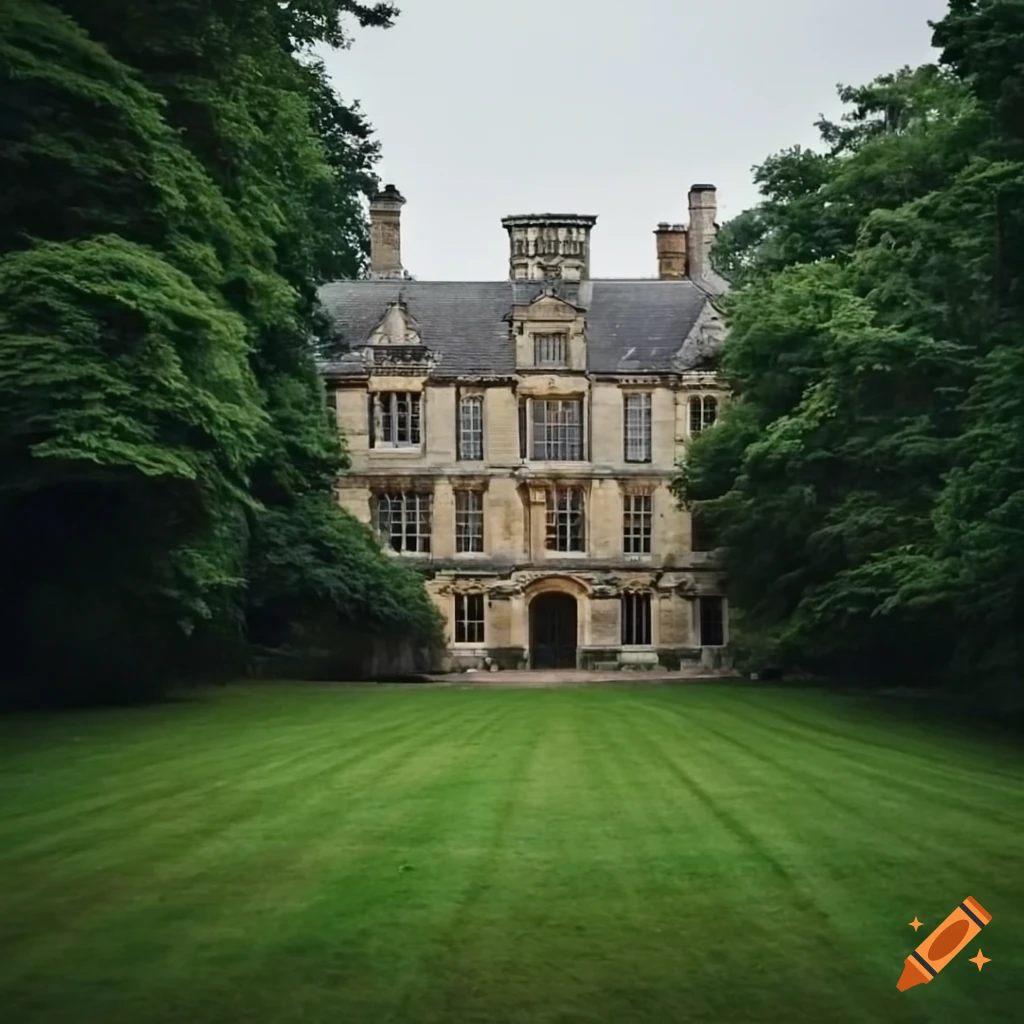 Well-manicured lawn in front of an old stone manor on Craiyon