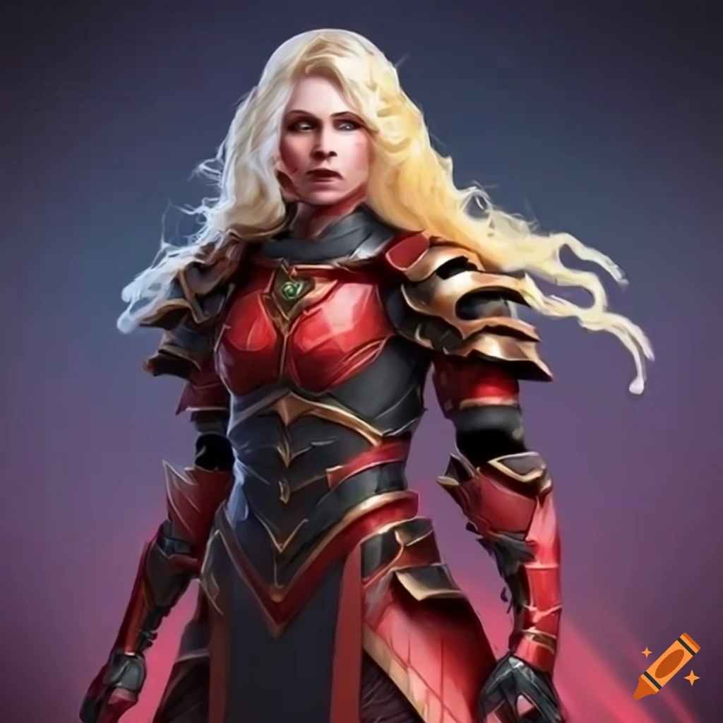 Elf in red and gold plate armor riding on an elk on Craiyon