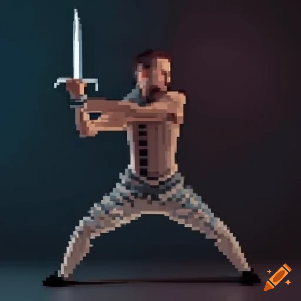Pixel art of a fit man attacking with a sword on Craiyon